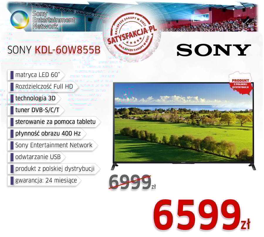 Sony KDL-60W855B 3D/SmartTV/FullHD/400Hz/USB/WiFi - Telewizory 50" - 54 ...